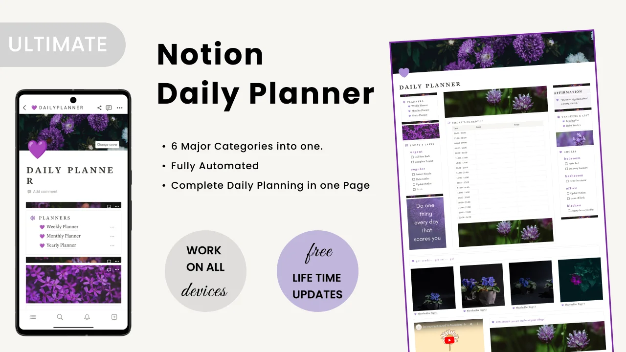 Notion Daily Planner - Purple Flowers - Notionland Template Gallery
